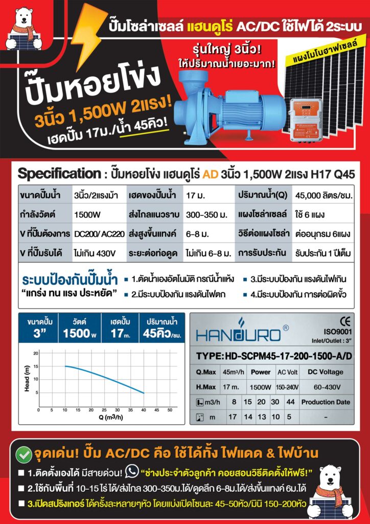 ปั๊มหอยโข่งโซล่าเซลล์ 3นิ้ว AC/DC 1500W Handuro รุ่นใช้ไฟได้2ระบบ